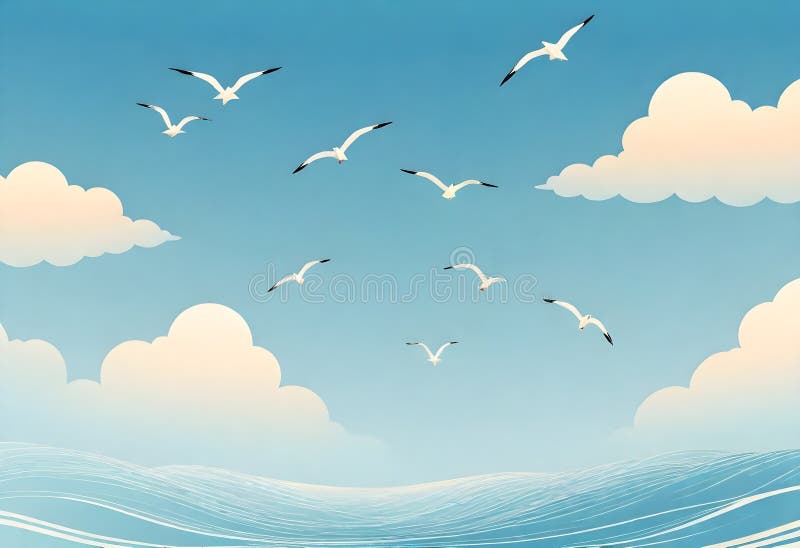 A Vector Illustration of Seagulls Flying Over the Ocean Stock Vector ...