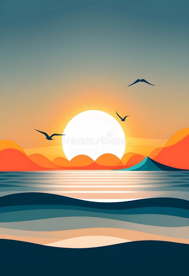 A Vector Illustration of a Sunset with Birds Flying Over the Water ...