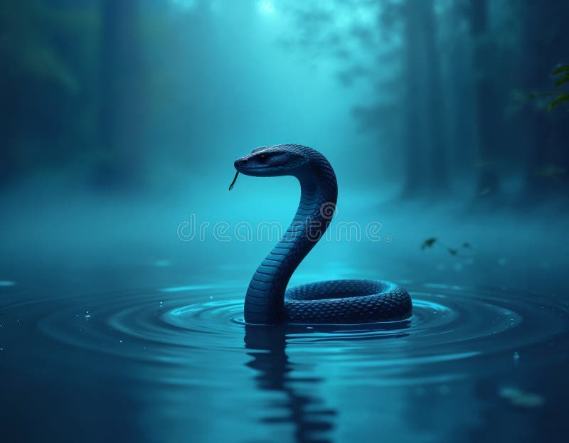Vector of a Snake on the Calm Water with Ripples on a Dark Misty Forest ...