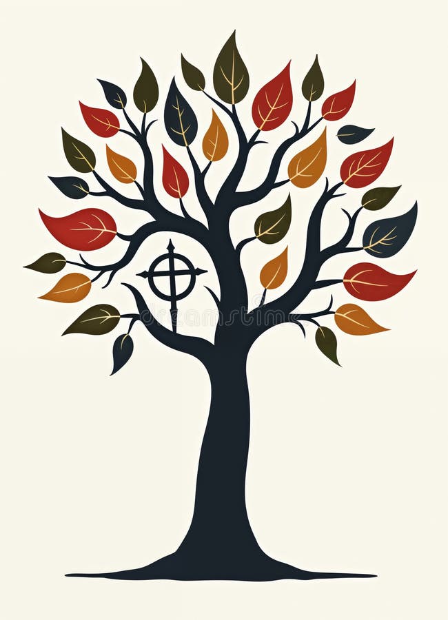 A Vector of a Tree with a Cross in the Top and Colorful Leaves on it on ...