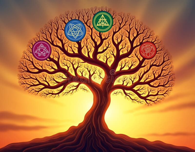 Vector of a Tree with the Religious Symbols of the Seasons and Swirling ...