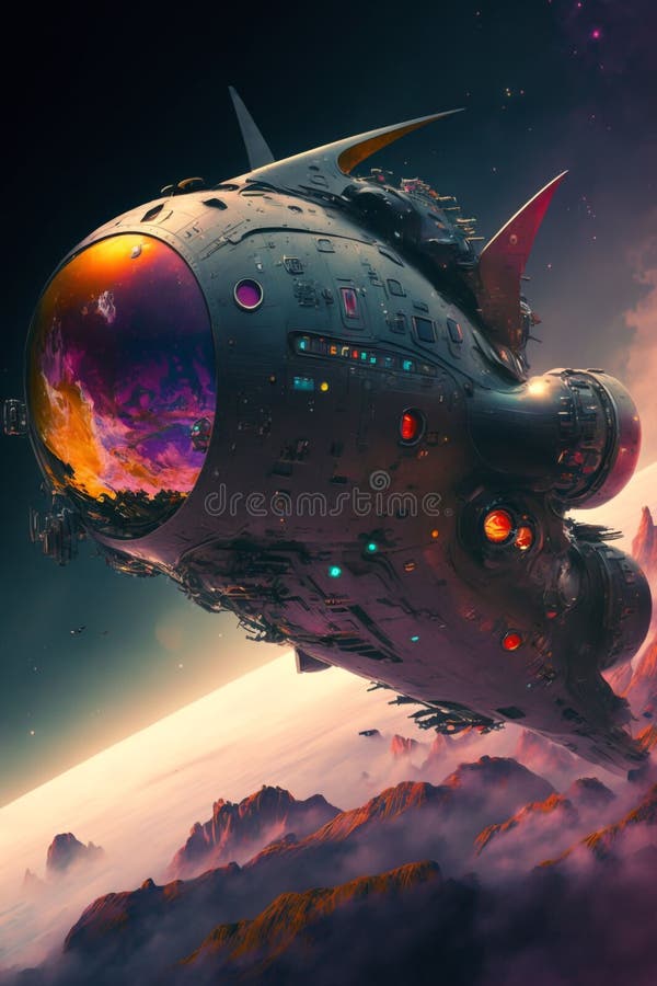 AI Generated Vertical Illustration of a Fantasy Spaceship in the Space ...