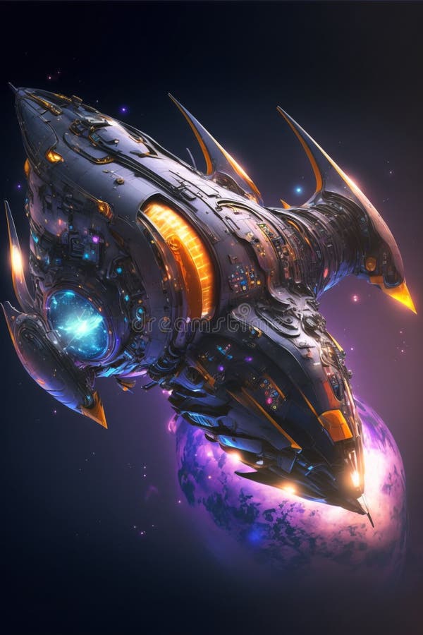 AI Generated Vertical Illustration of a Fantasy Spaceship in the Space ...