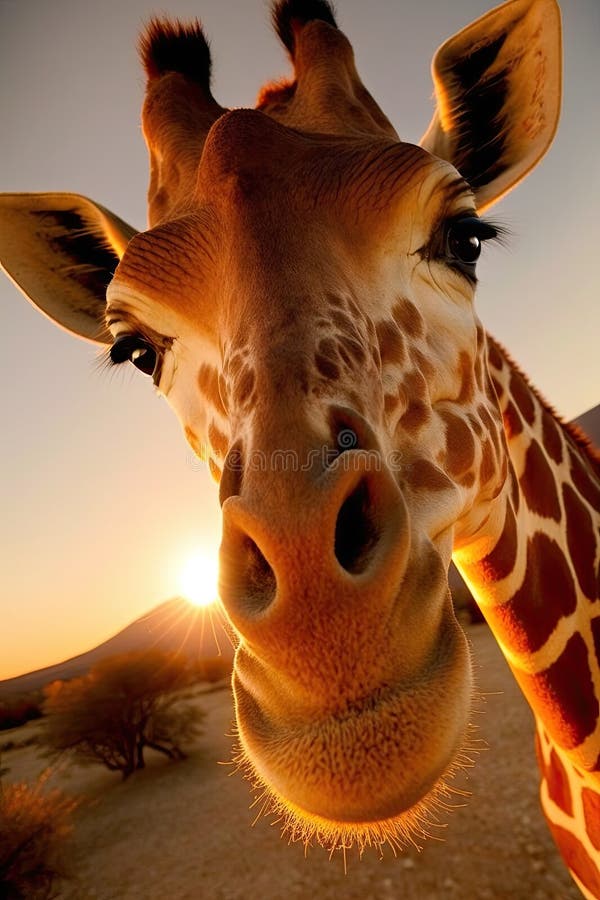 Very Close-up of a Giraffe Looking at the Camera with the Sun Setting ...