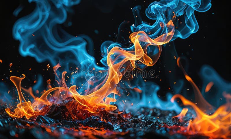 A Blue and Orange Flame is Burning on a Black Background. Stock ...