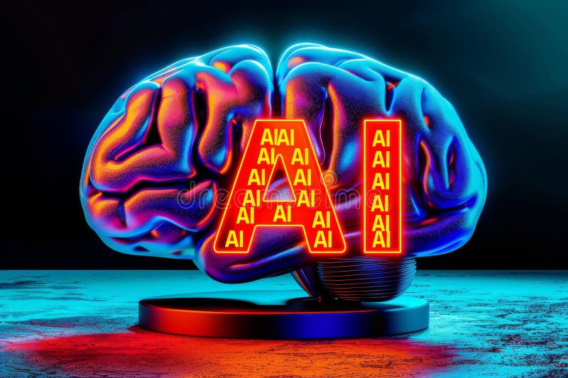 Vibrant Brain with AI Text on Red and Blue Background Highlighting ...