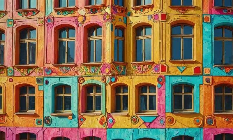 A Building with Many Windows Painted in Different Colors. Stock ...