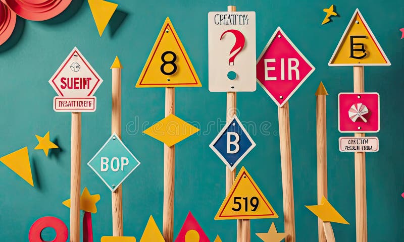 A Collection of Paper Road Signs with the Numbers 8, B, and E on Them ...