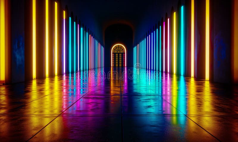 Vibrant Corridor with Neon Lights Stock Illustration - Illustration of ...