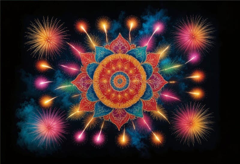 A Vibrant Diwali Rangoli Pattern Design with a Colorful Fireworks ...