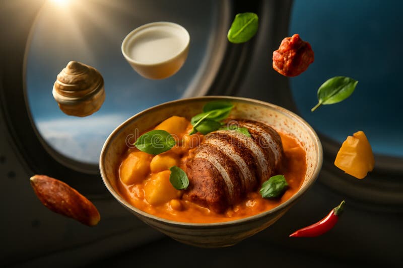 AI Generated Vibrant Image of a Thai Red Curry with Roast Duck, Floating in Zero Gravity Inside ...