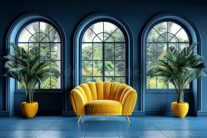 Vibrant Lounge with Yellow Armchair and Arched Windows, Featuring a ...