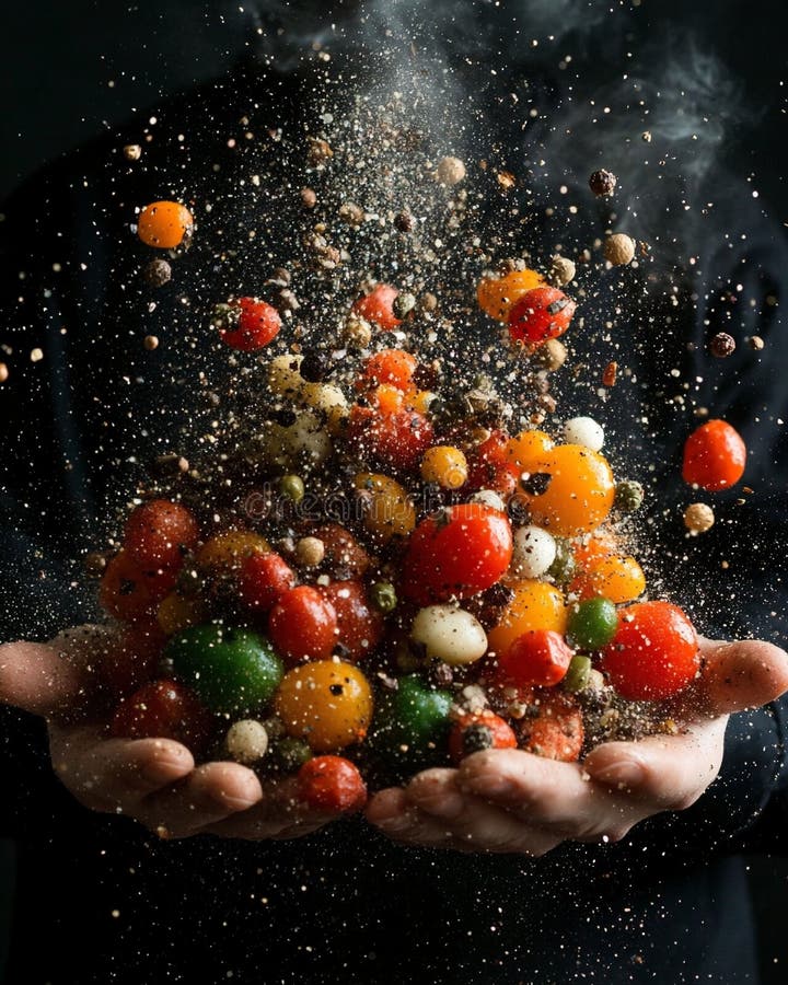 Exploding Tomatoes and Spices in Mid-air. Stock Illustration ...