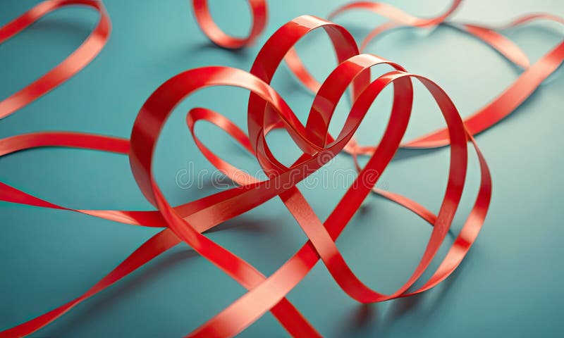 A Red Ribbon is Twisted and Turned into a Heart Shape on a Blue ...