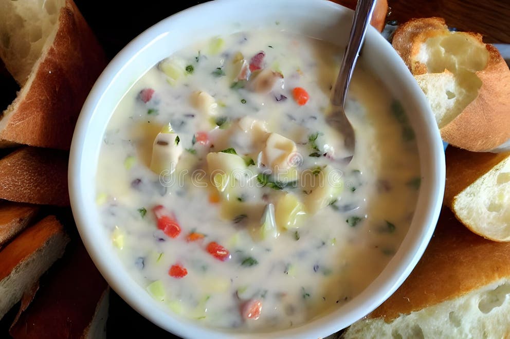 AI-generated View of a Corn Chowder in a White Bowl with a Spoon in it ...