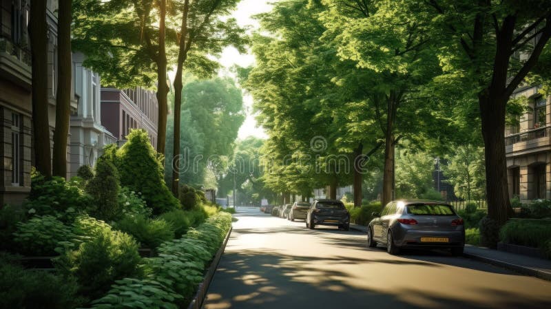 AI Generated View of a Modern City Street with Lots of Trees and ...