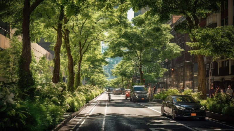 AI Generated View of a Modern City Street with Lots of Trees and ...