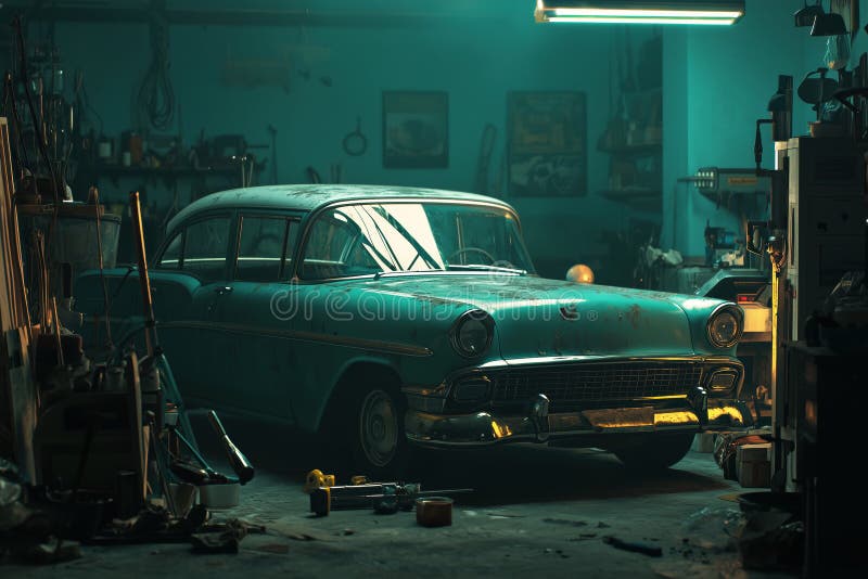 Vintage Turquoise Car in Cluttered Garage Atmosphere with Tools and ...