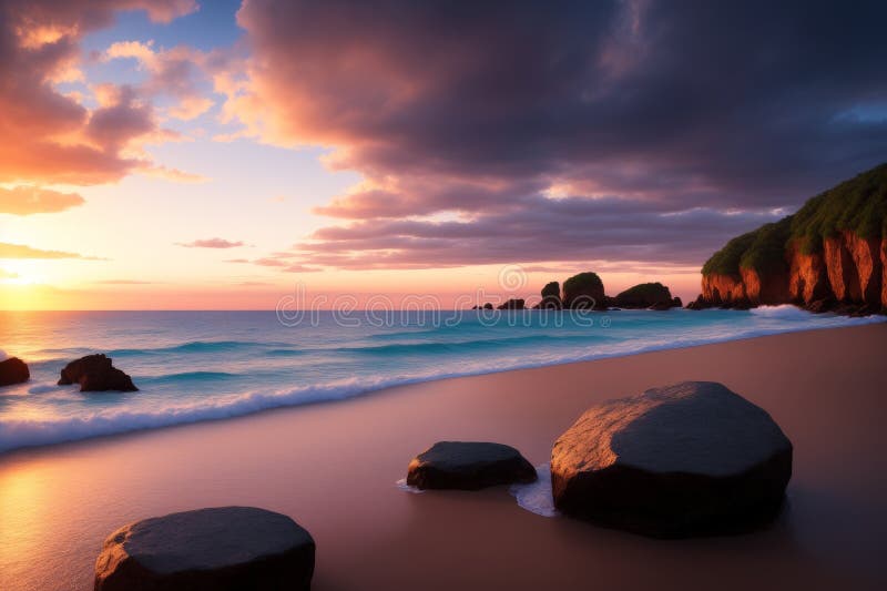 Beach with Rocks and Sunset Stock Illustration - Illustration of ...