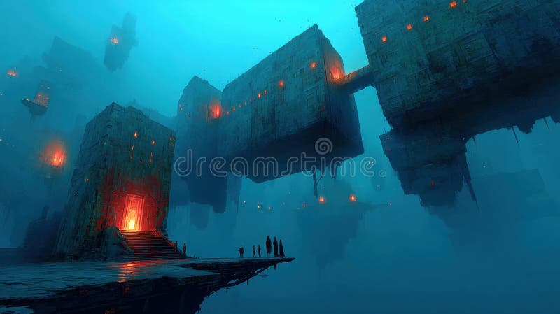 Inverted City Ruins Suspended in Abyss of Blue Silence Stock ...