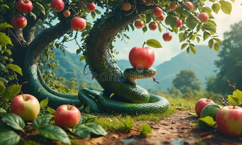 Snake is Eating Apple from Tree Stock Illustration - Illustration of ...