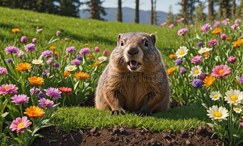 Groundhog Sitting in Field Flowers Stock Illustration - Illustration of ...