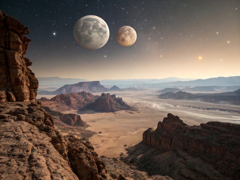 A Distant Planet Landscape with Two Moons in the Sky Stock Photo ...