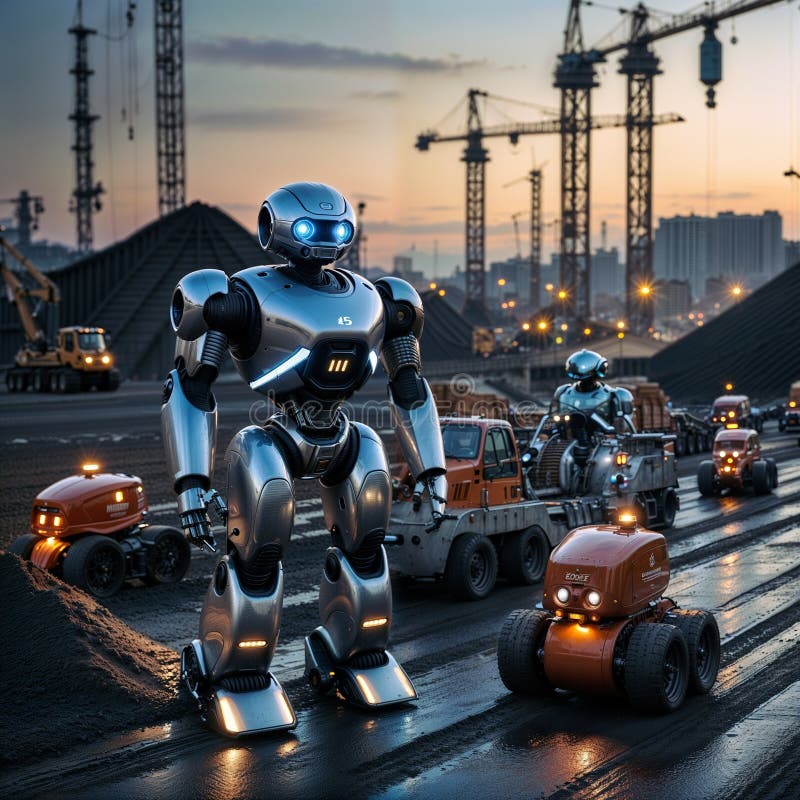 Futuristic Construction Robots on Building Site Stock Illustration ...