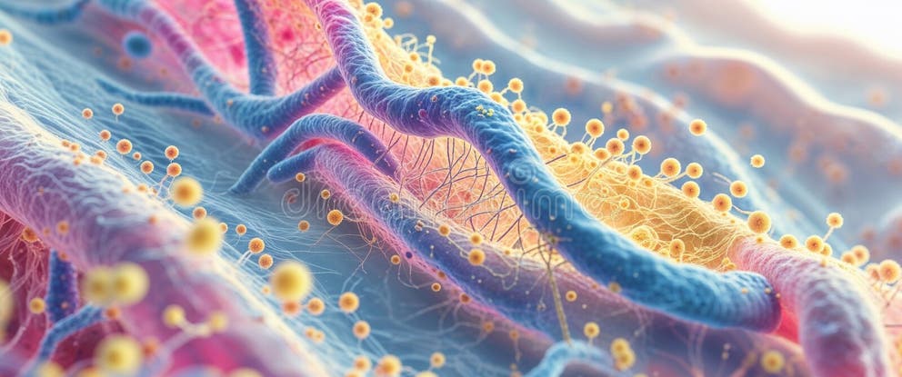 Vivid Microscopic Bacterias Colonizing a Host Cell Wall in an Abstract ...