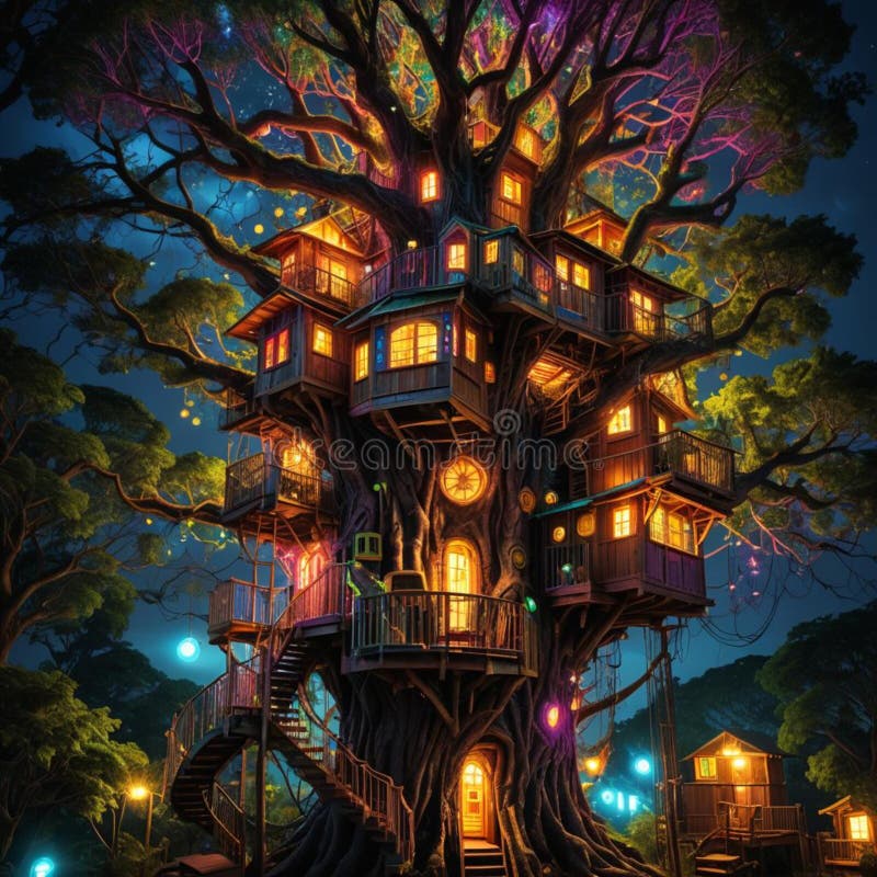 AI Generated Vividly Lit Colorful Tree House Stock Illustration ...