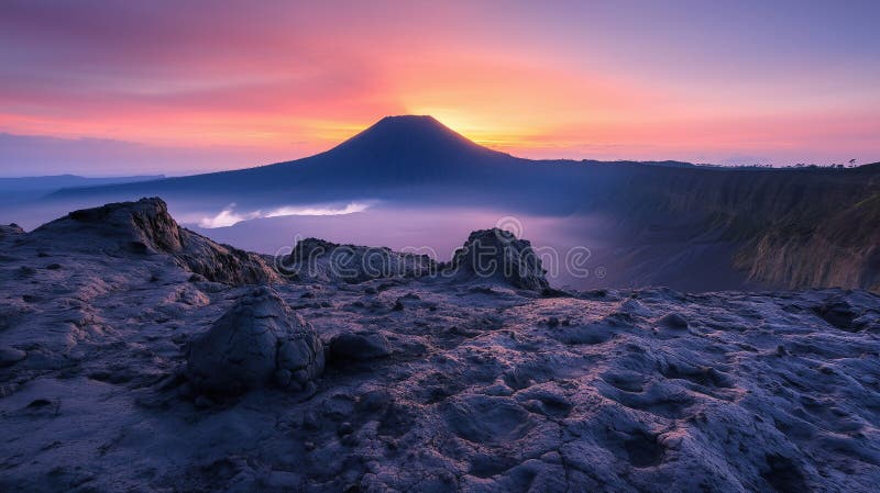 Volcanic Landscape at Sunrise with a Volcano in the Background Stock ...