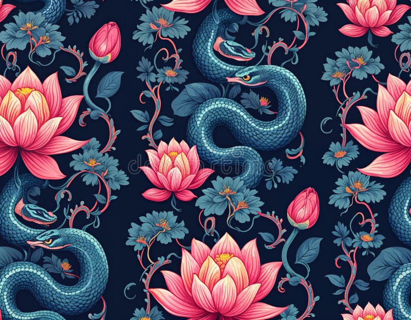 Seamless Vector Pattern of a Blue Snake with Pink Lotus Flowers and ...