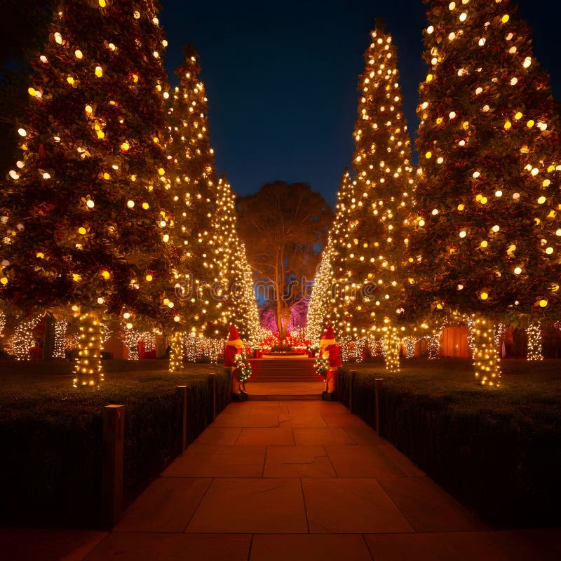 AI-Generated Walkway with Decorated Christmas Trees and Warm Lights ...