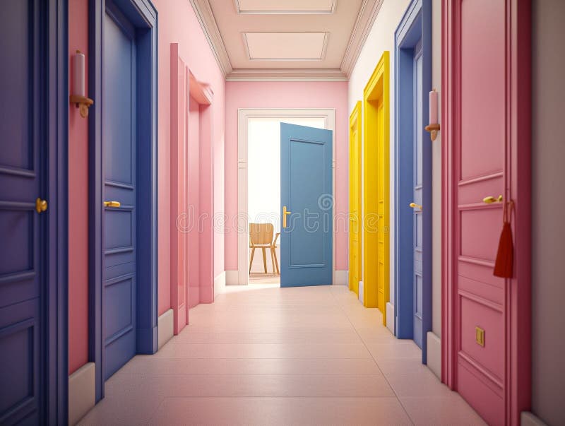 AI Generated Walkway Surrounded by Coloful Doors Stock Illustration ...