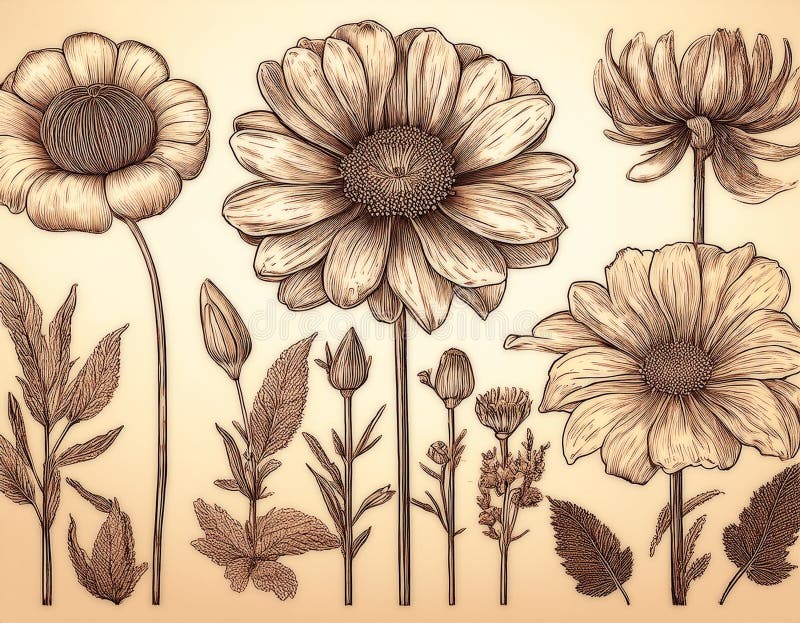 AI Generated. a Warm Brown Botanical Illustration with a Flower in ...