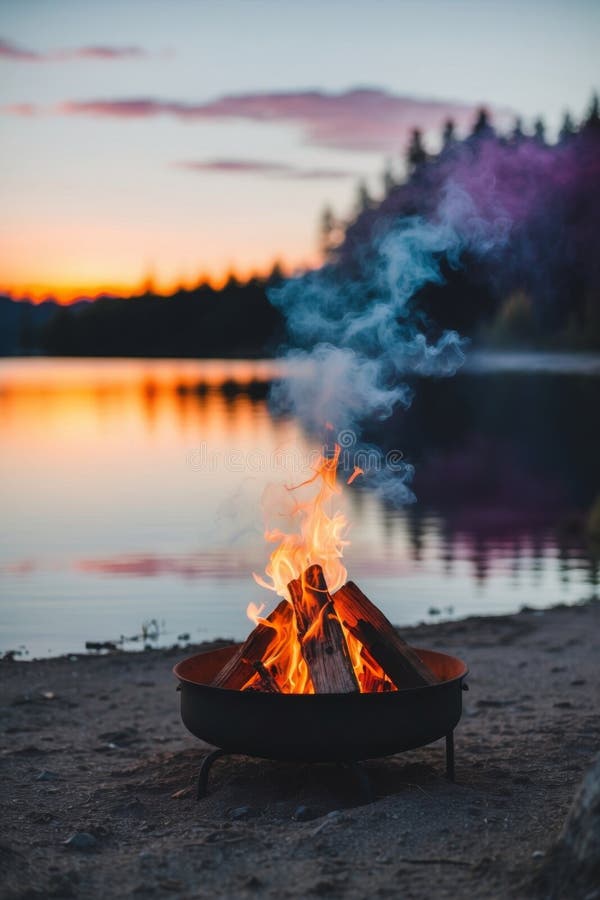 Warm Campfire at Sunset by a Tranquil Lake. Stock Photo - Image of ...
