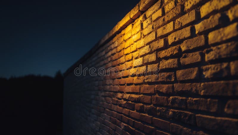 Warm Light Illuminates Brick Wall at Night Stock Image - Image of ...