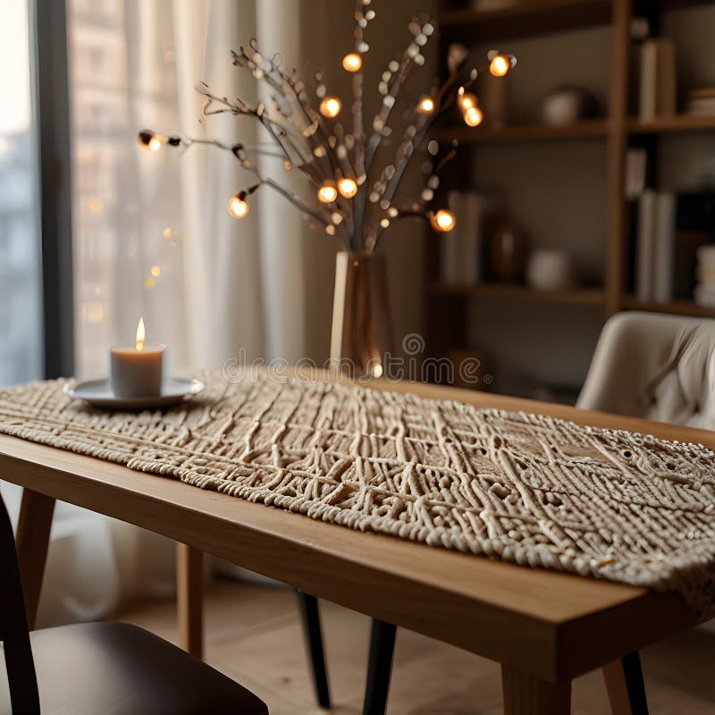 Warmly Lit Dining Table with Knitted Runner and Soft Background ...