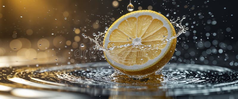 A Water Splash Effect on a Floating Lemon Slice. Stock Photo - Image of ...
