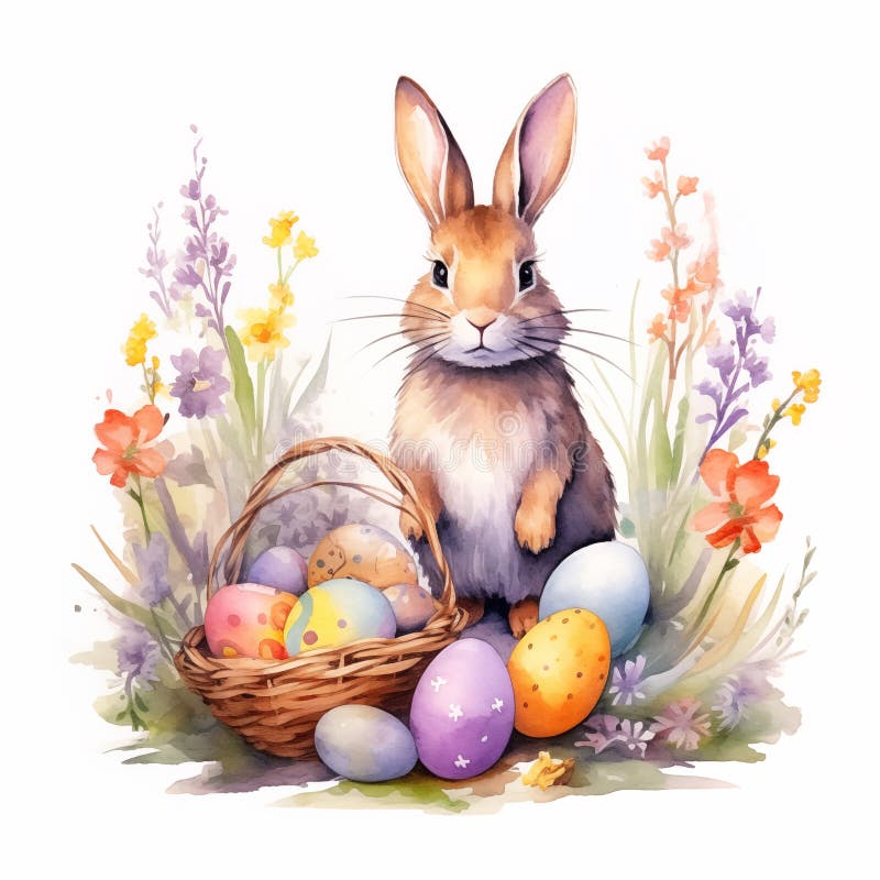 Ai Generated Watercolor Illustration of Easter Rabbit, Bunny Sitting in ...
