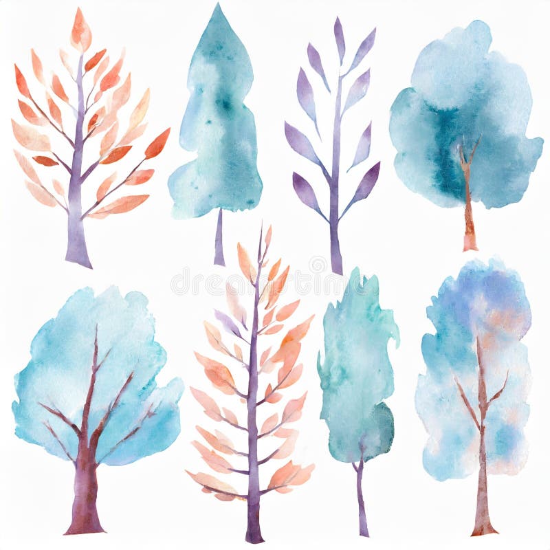 Set of watercolor trees stock illustration. Illustration of isolated ...
