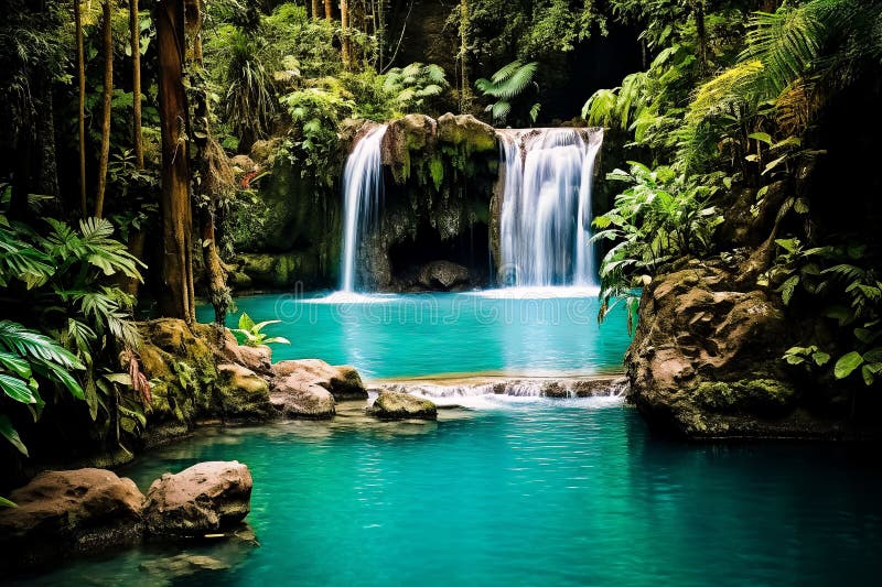 AI Generated Waterfall Cascading through Forest Stock Illustration ...