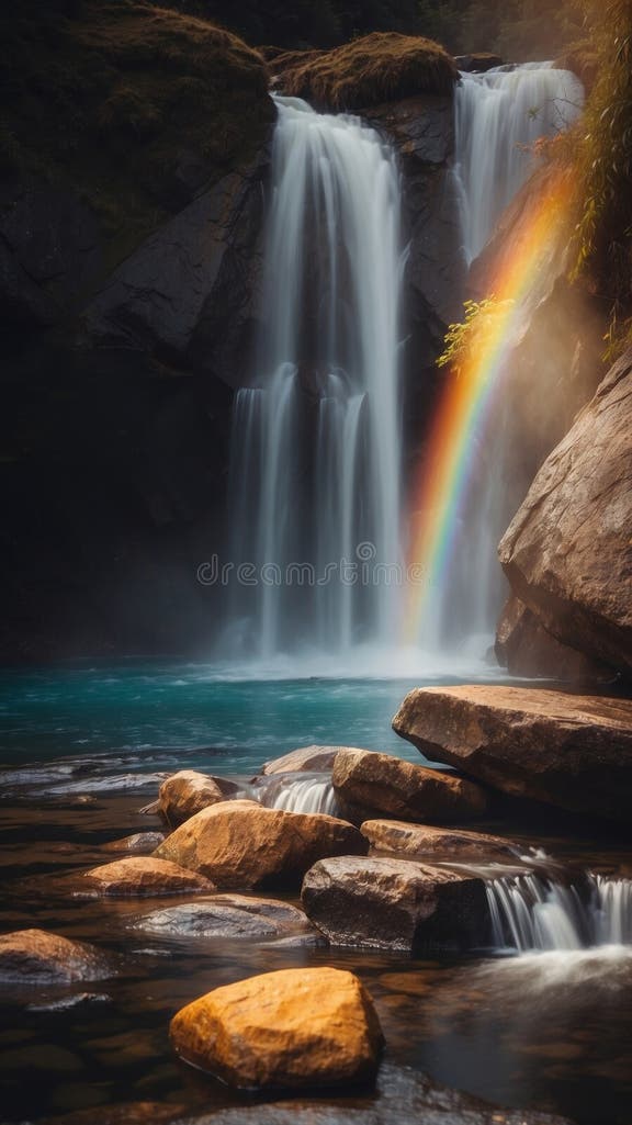 A Waterfall with an Empty Rock Platform Glowing Under a Rainbow. Stock Photo - Image of cascade ...