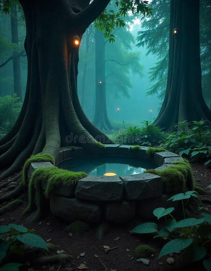 AI Generated Well in Forest Stock Illustration - Illustration of plant ...