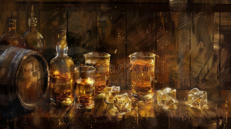 Whiskey-Themed Background with Bottles, Glasses, and Rustic Elements ...