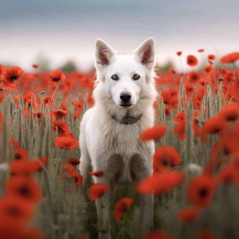 Ai Generated White Dog in Red Poppy Flowers Stock Illustration ...