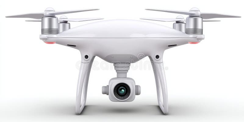 White High Tech Drone in Midair Hover Mode Shown with Camera Unit Below ...