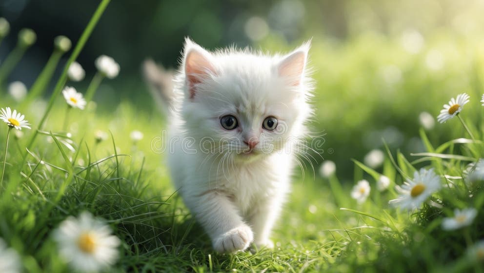 A White Kitten is Walking through a Patch of Green Grass. Stock Photo ...