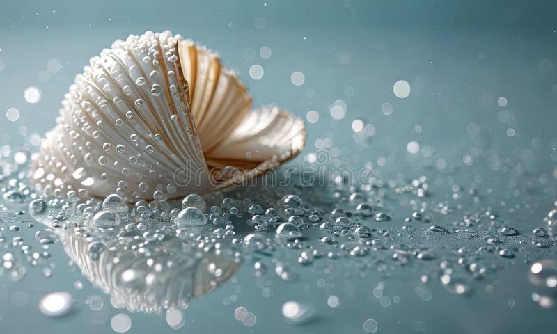 A White Shell with a Pearl Inside is Laying on a Blue Surface. Stock ...