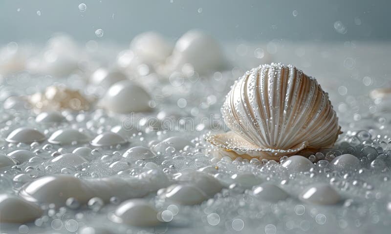 A White Shell is Laying on a White Surface with Water Drops on it ...